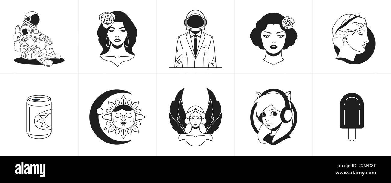 Trendy surreal monochrome line cartoon characters groovy icon set ...