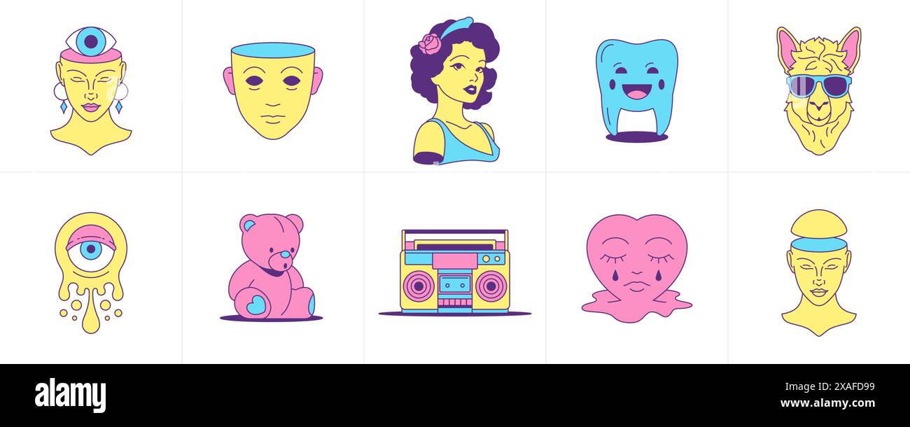 Surreal trendy cartoon characters psychedelic emoji sticker groovy icon ...