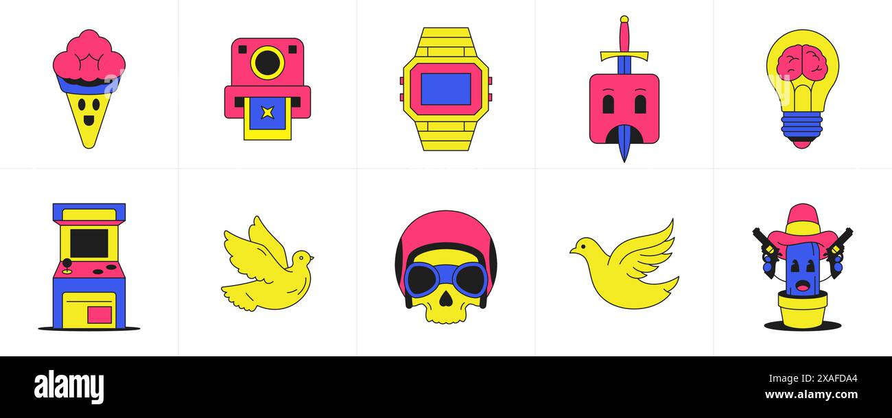 Psychedelic groovy icon cartoon elements funky weird art sticker set ...