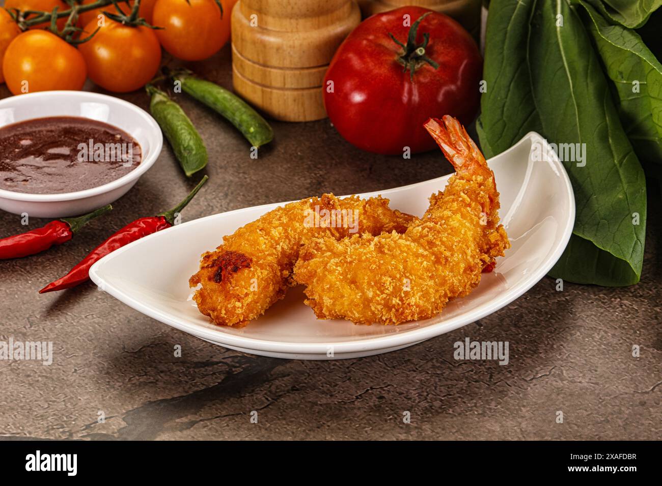 Crispy breaded golden fried prawns with sauce Stock Photo - Alamy