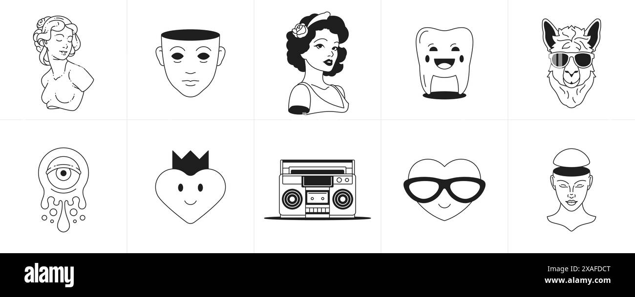 Retro groovy symbol cartoon character and element monochrome line icon ...