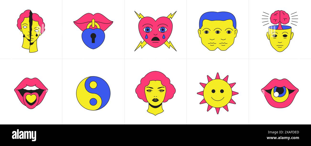 Funny cartoon emoji surreal elements comic trendy psychedelic weird ...