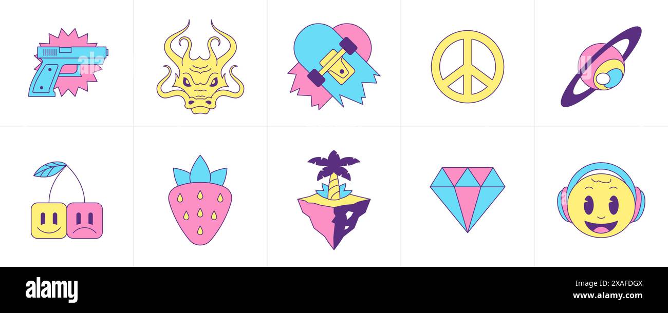 Surreal trendy cartoon characters psychedelic elements groovy icon set ...