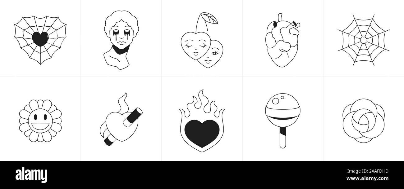 Psychedelic retro groovy trendy cartoon characters monochrome tattoo ...