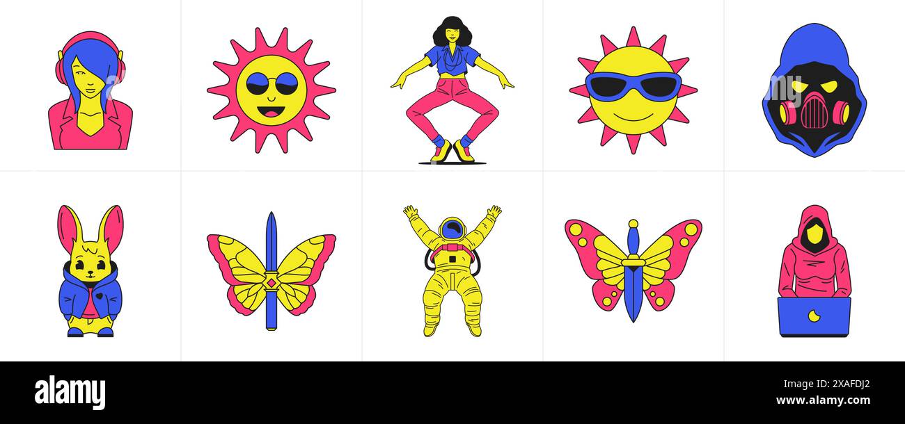 Funky pop art cartoon characters trendy sticker surreal elements groovy ...