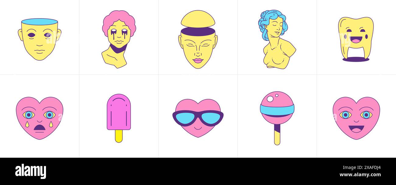 Surreal trendy stickers cartoon character emoji psychedelic groovy icon ...