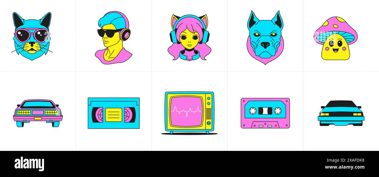 Trendy surreal cartoon characters psychedelic elements funky groovy ...