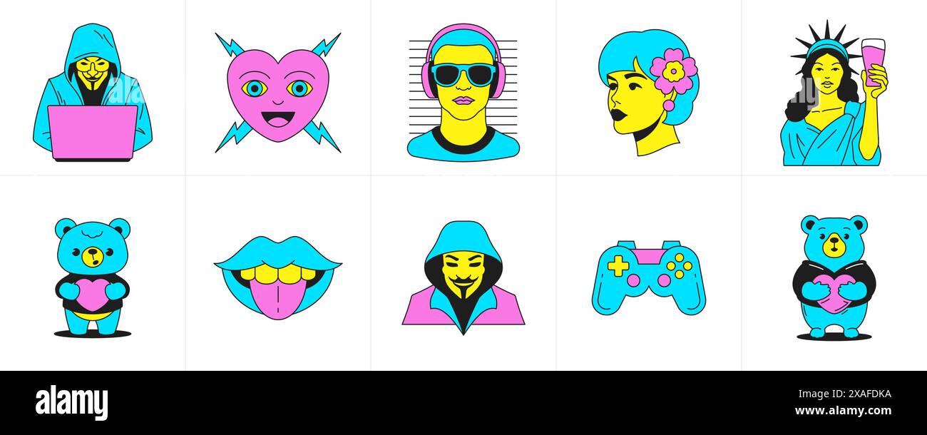 Psychedelic surreal trendy cartoon characters funny comic elements ...