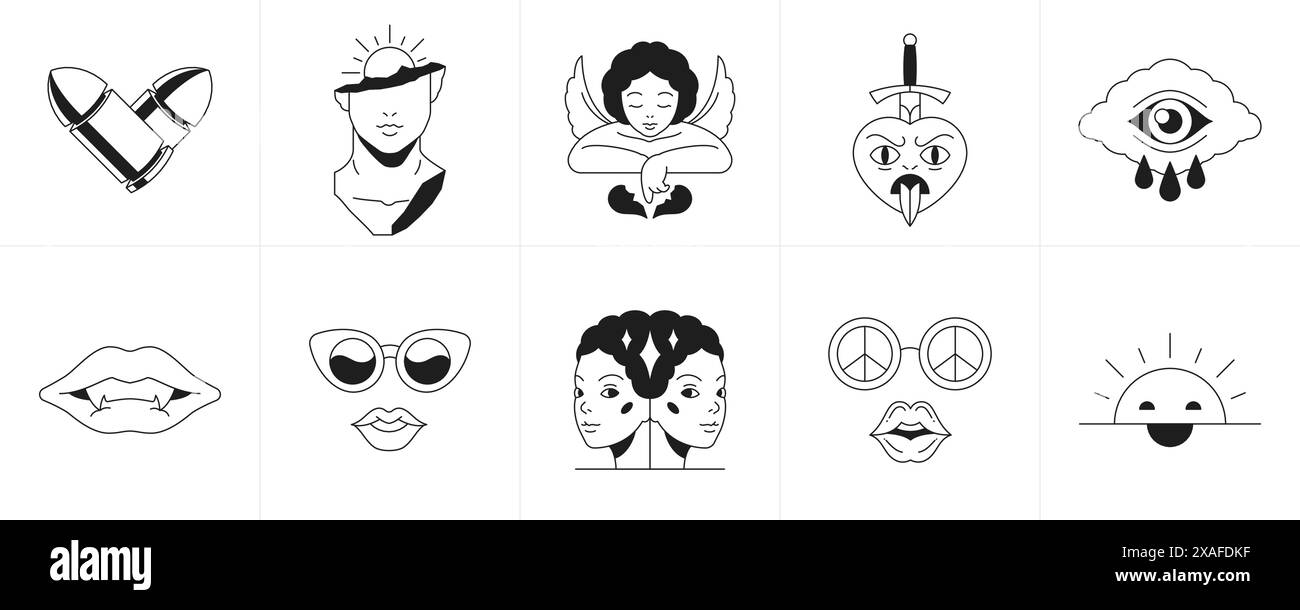 Trendy psychedelic cartoon characters and elements retro monochrome ...