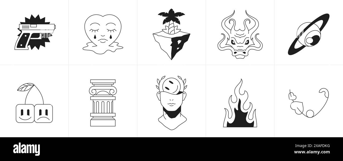 Retro groovy psychedelic cartoon characters and elements monochrome ...