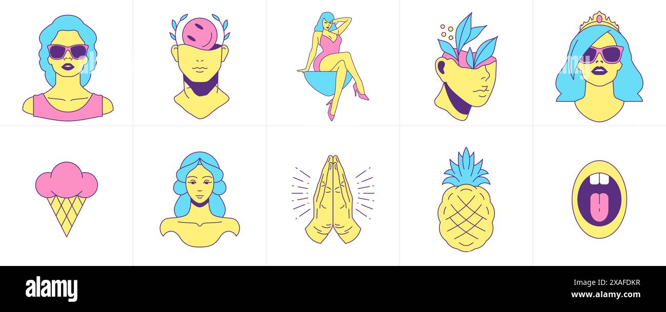 Psychedelic trendy comic sticker funny cartoon characters food and ...