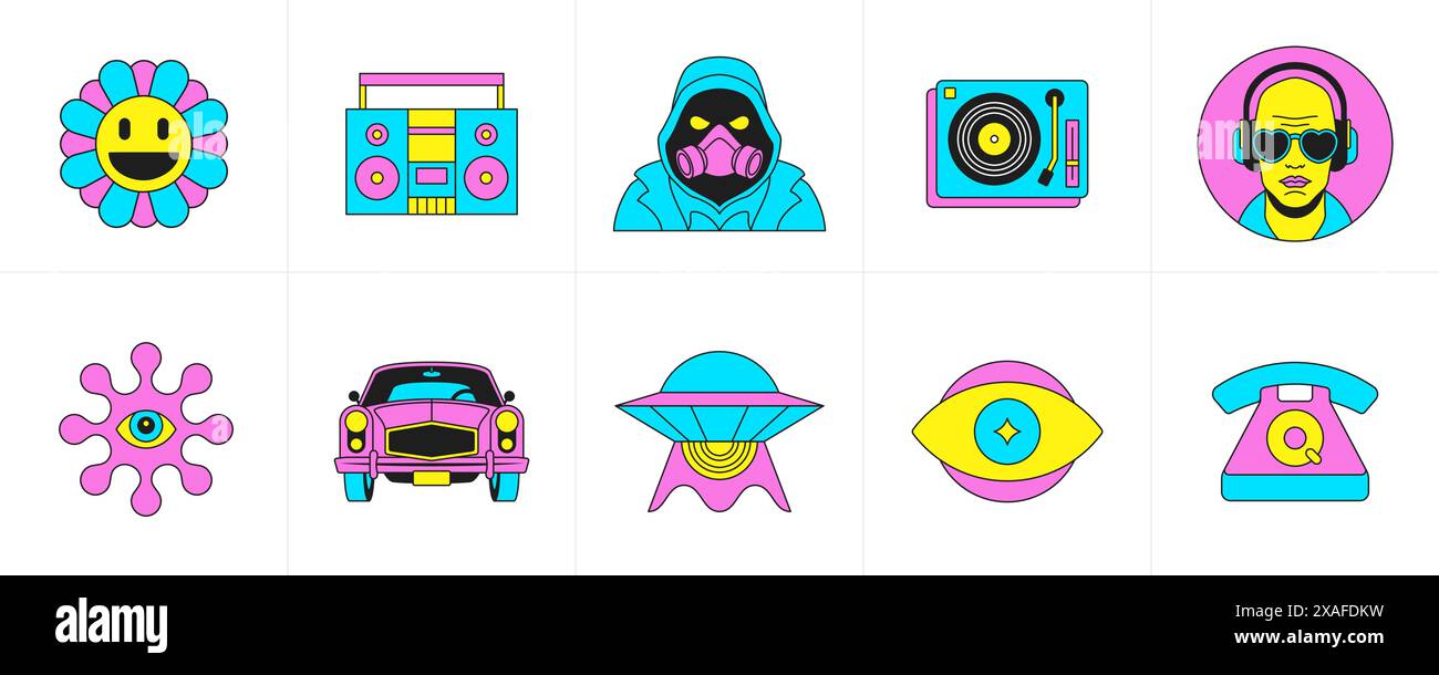 Psychedelic cartoon characters and elements trendy funky sticker groovy ...