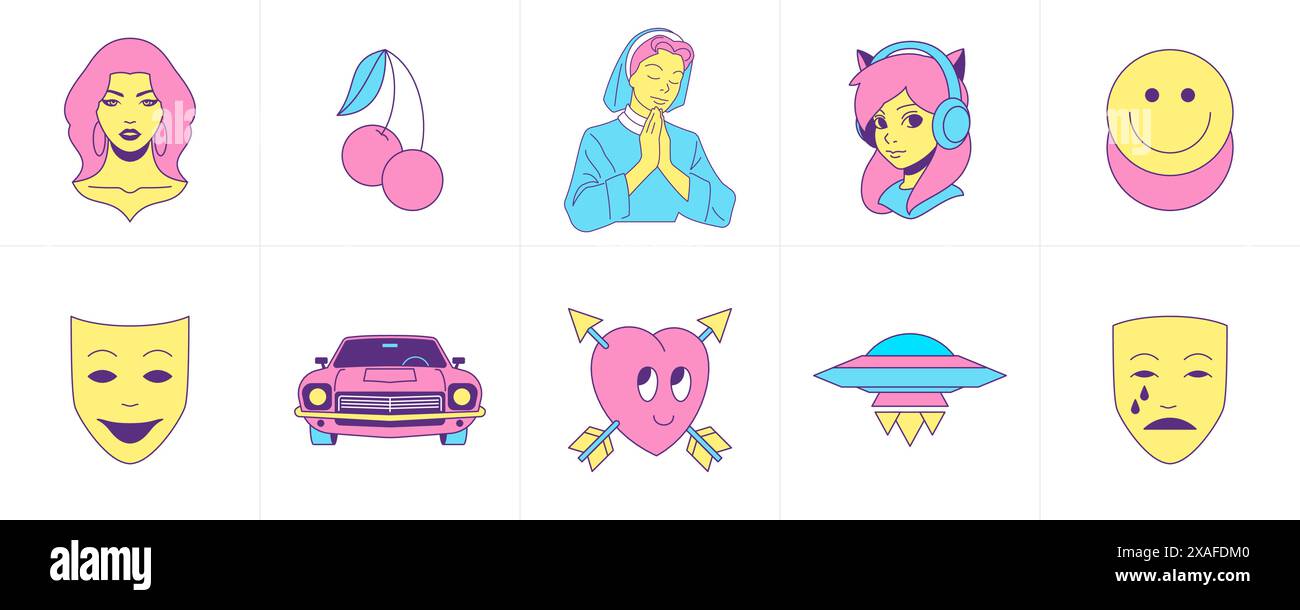 Surreal comic emoji psychedelic funky cartoon characters and elements ...