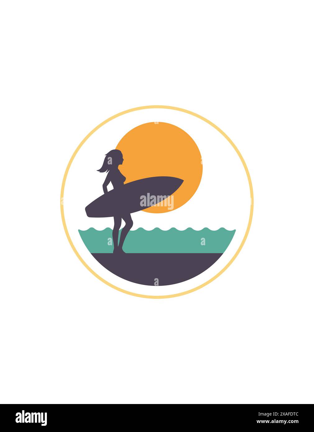 Woman surfer with surfboard sun ocean wave silhouette circle emblem ...