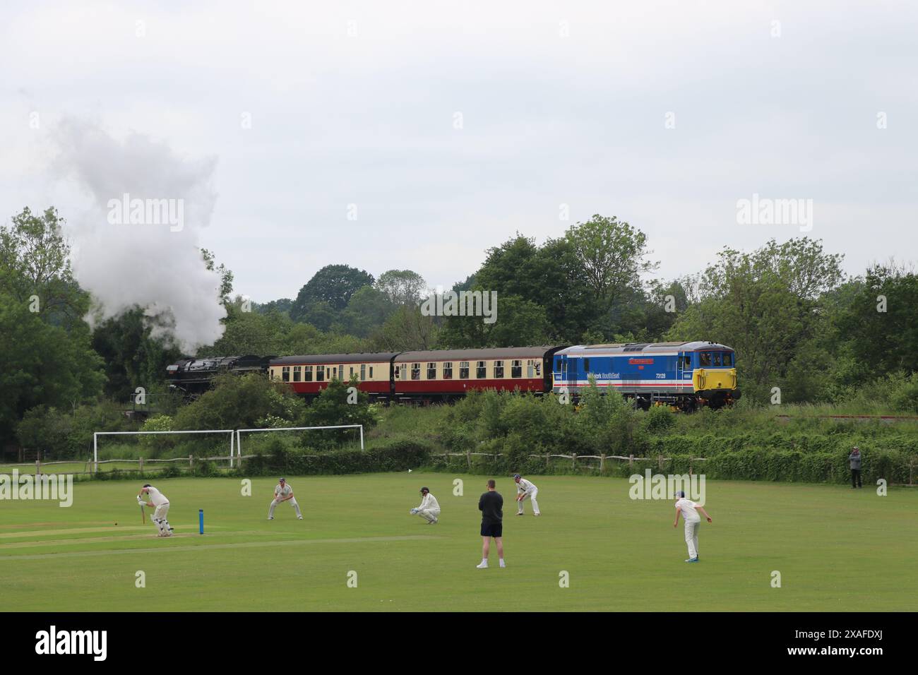 ROTHER VALLEY RAILWAY AT ROBERTSBRIDGE WITH A TRAIN PASSING A CRICKET ...
