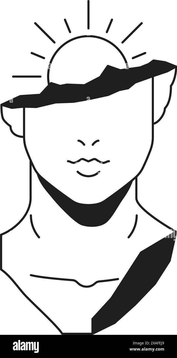 Y2k psychedelic cracked sculpture bust with sun monochrome line groovy ...