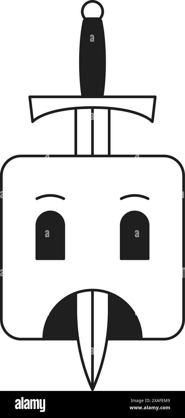 Y2k abstract sad squared emoji with antique sword monochrome line retro ...