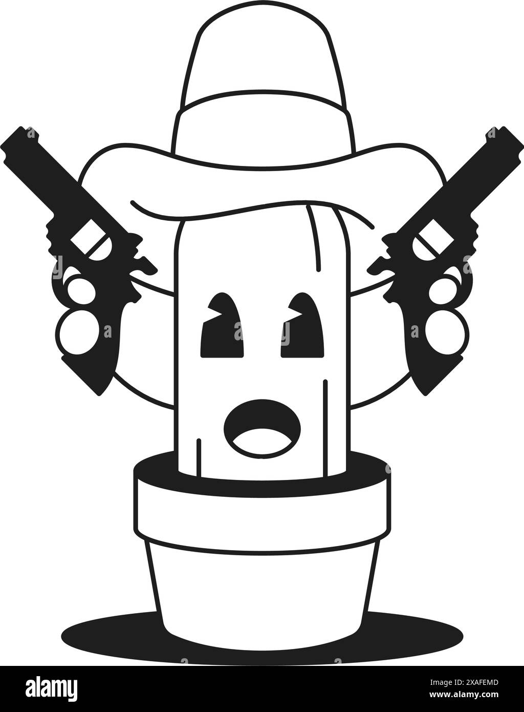 Y2k cactus western cowboy in hat with gun comic monochrome line retro ...