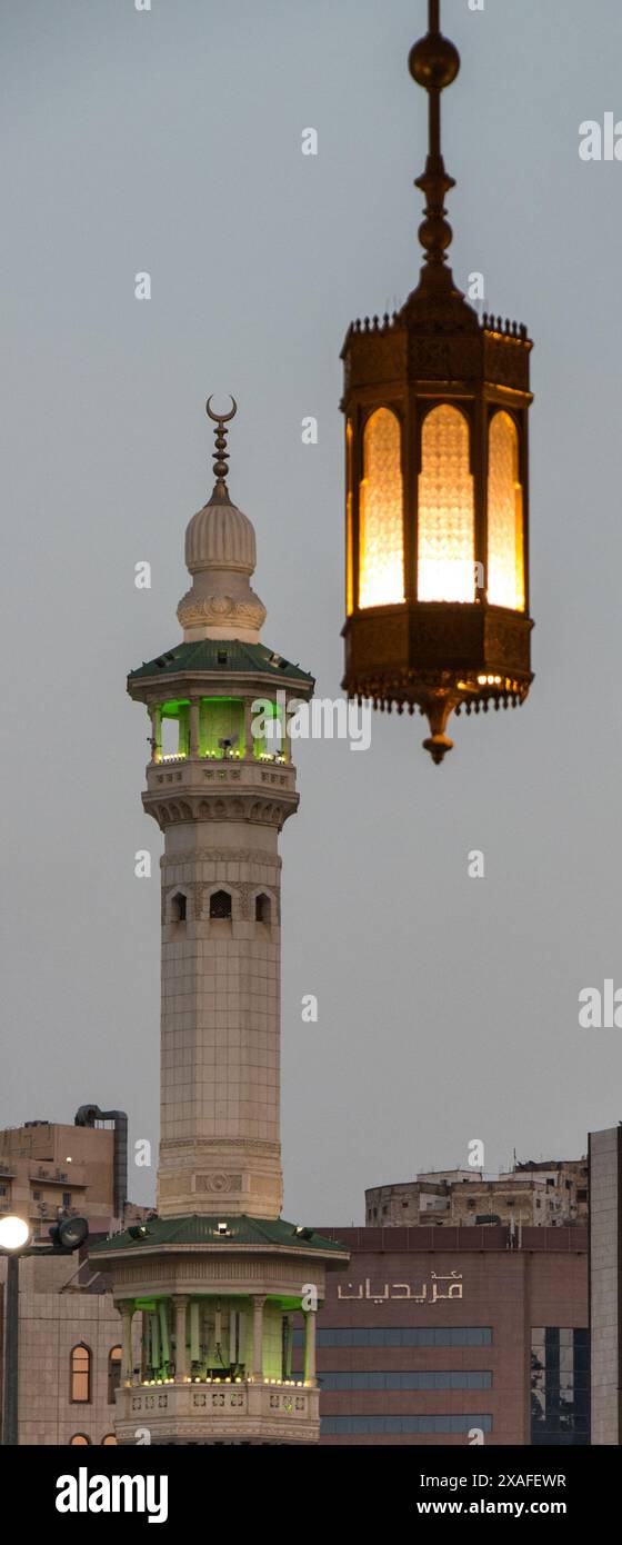 Evening time in the Masjid Haram in Mecca. Minaret of Masjid al Haram ...
