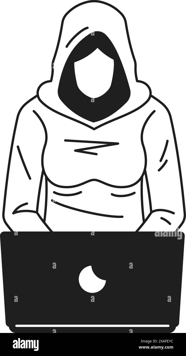 Y2k woman hacker cyber crime working laptop monochrome line retro ...