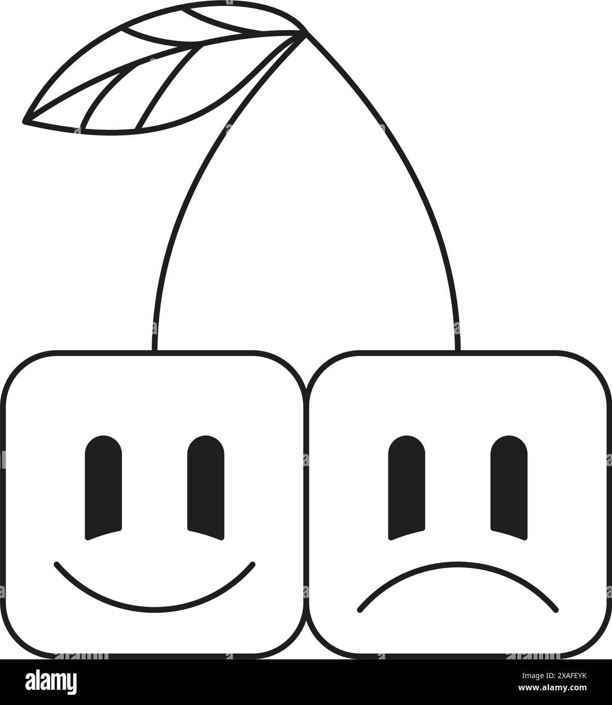 Y2k funky squared cherry berry smile and sad emoji monochrome line ...