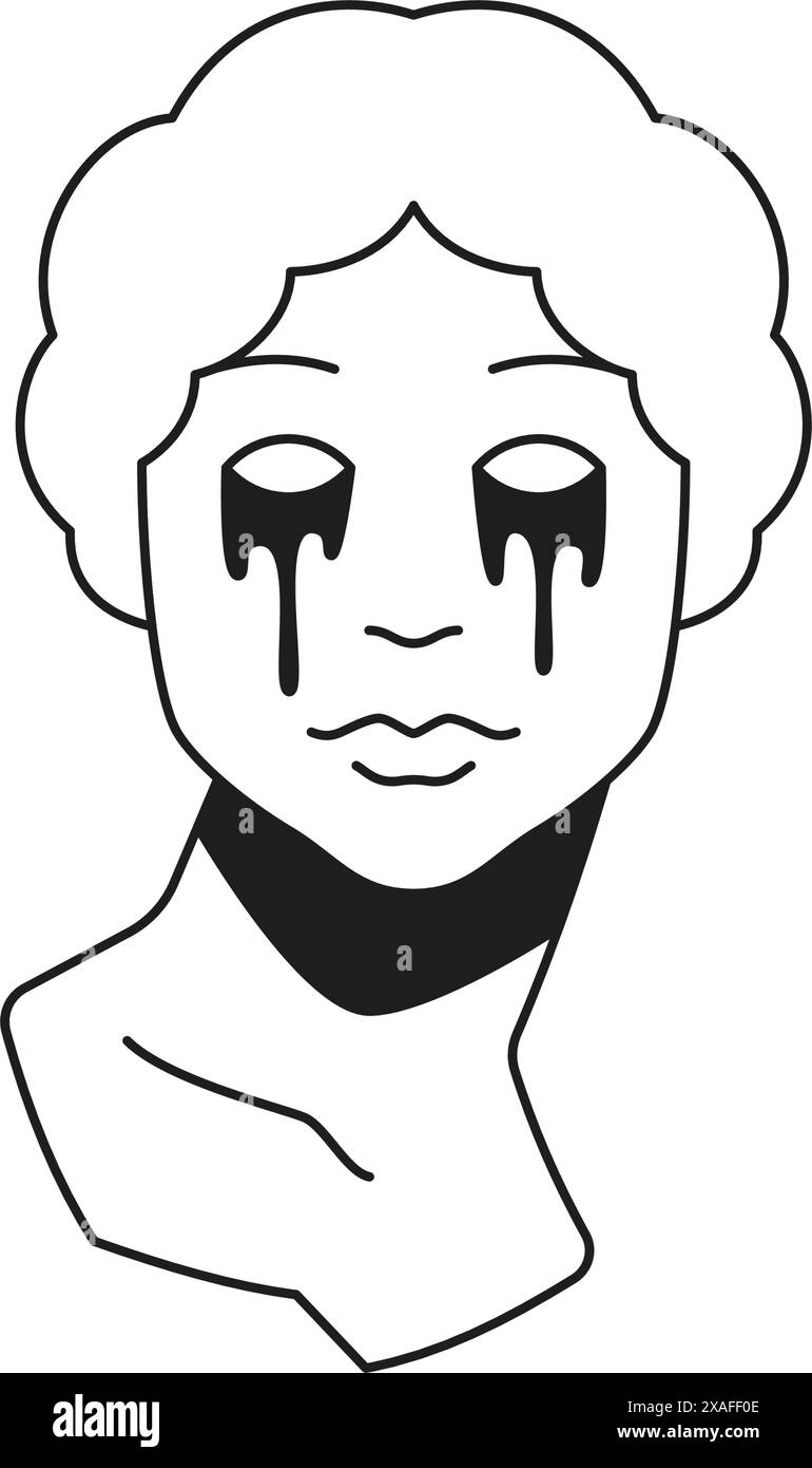 Y2k psychedelic crying woman statue bust with tears monochrome line ...