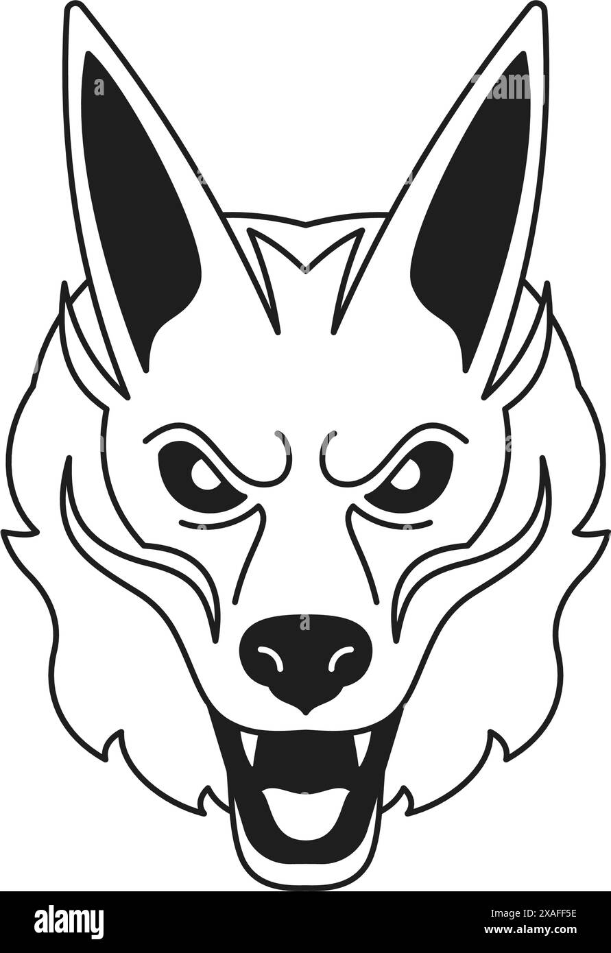 Y2k angry wolf beast Halloween horror monster head monochrome line ...