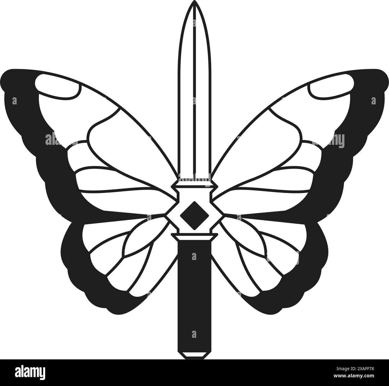 Y2k butterfly with antique sword weapon winged insect monochrome line ...