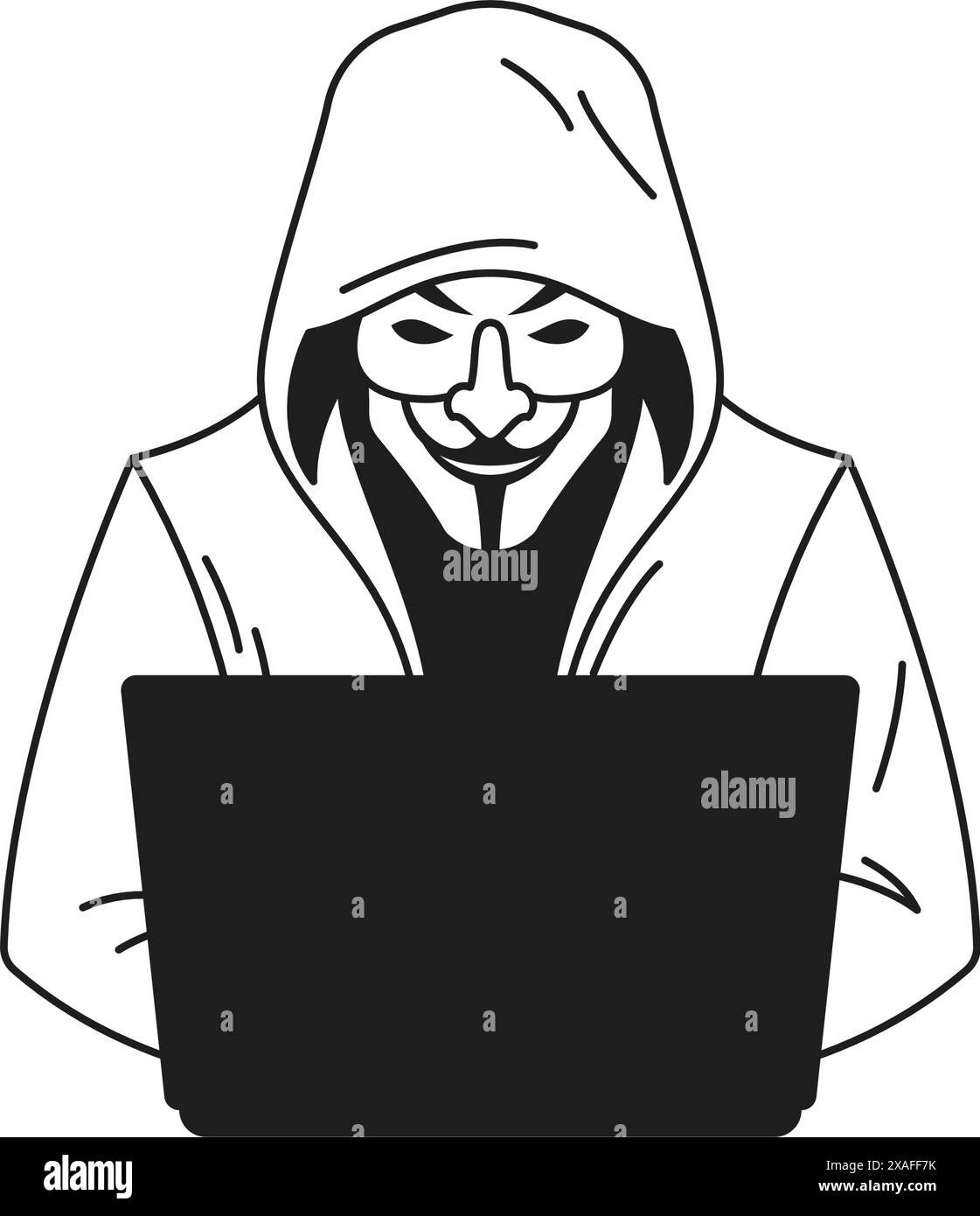 Y2k man hacker in hood use laptop cyber crime web attack monochrome line retro groovy icon ...