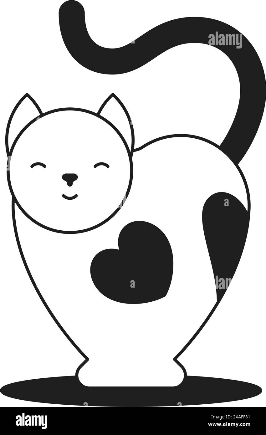 Y2k cute cat with tail and spot heart shape love symbol monochrome line ...