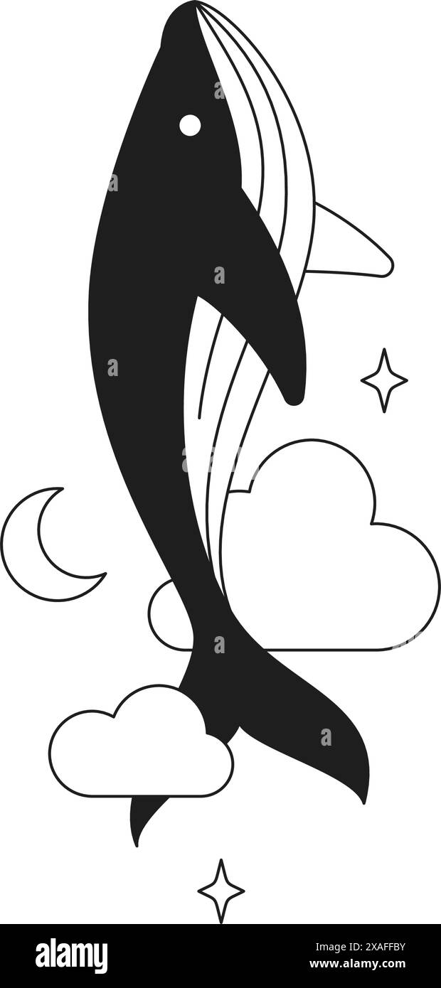 Y2k flying magic whale with cloud stars and half moon comic monochrome ...