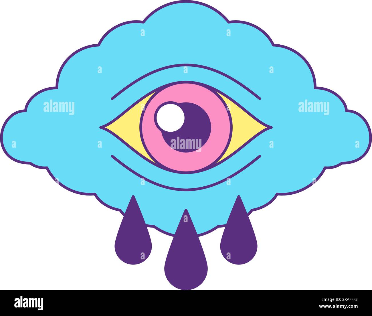 Blue cloud with crying tears drop eye psychedelic cartoon groovy icon ...