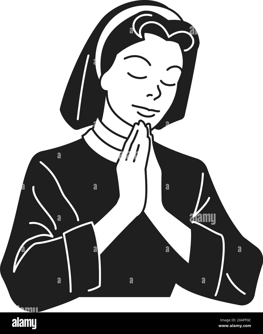 Y2k praying nun spiritual religious woman portrait monochrome line ...