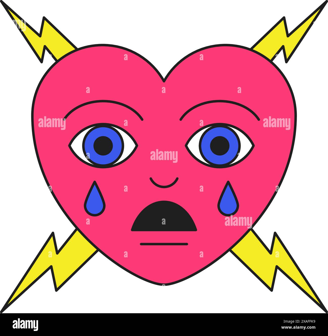Crying pink heart with tear drop and lightning comic cartoon character ...