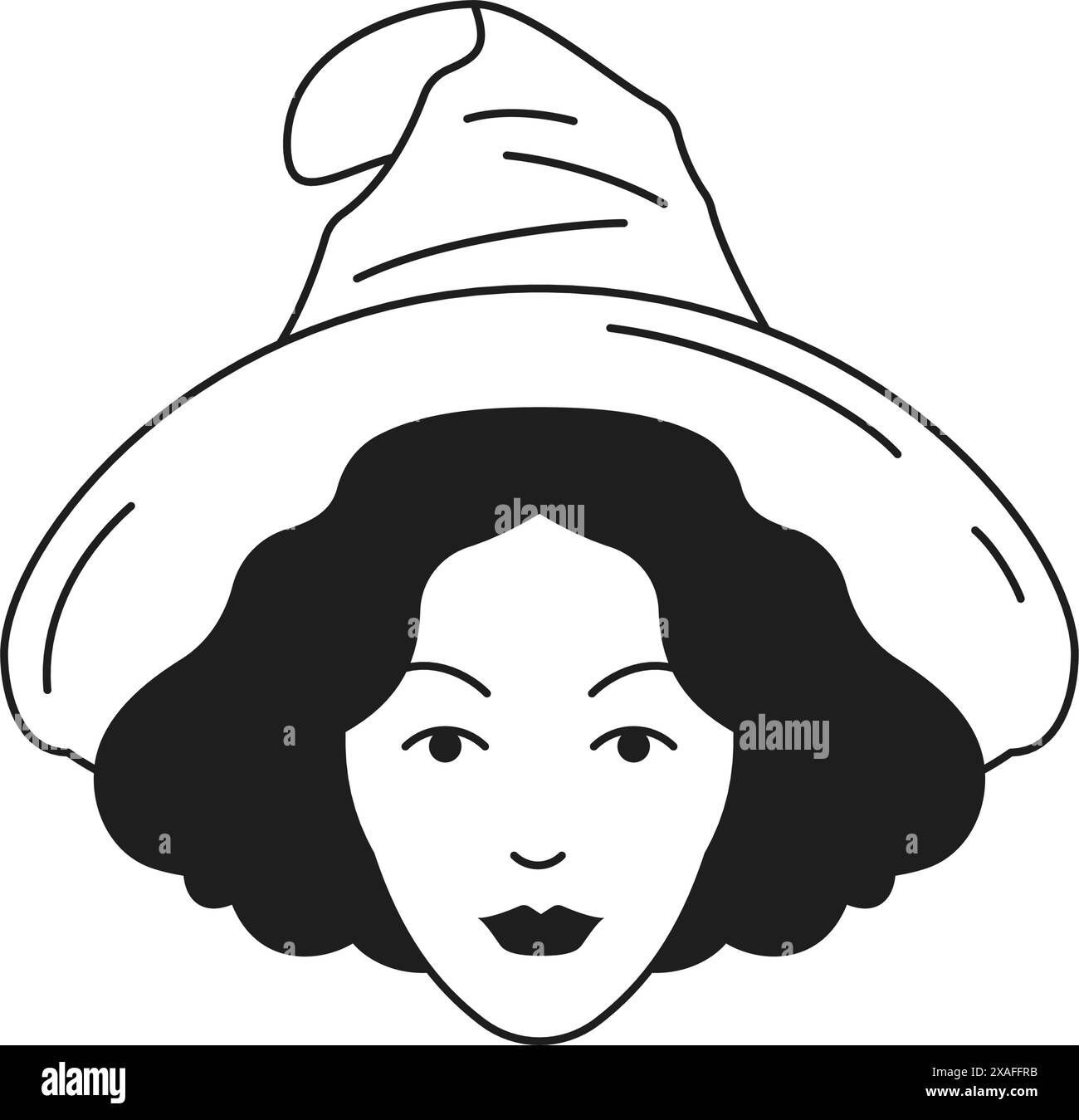 Y2k funny woman witch magic sorceress in hat portrait monochrome line ...