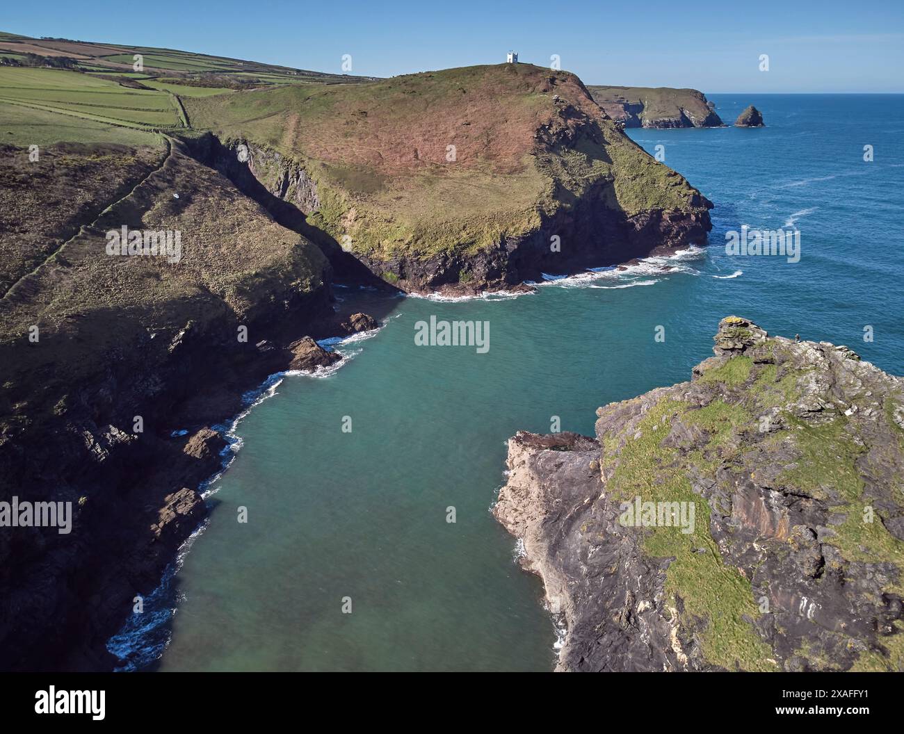 An aerial view of the mouth of the narrow channel leading to Boscastle ...