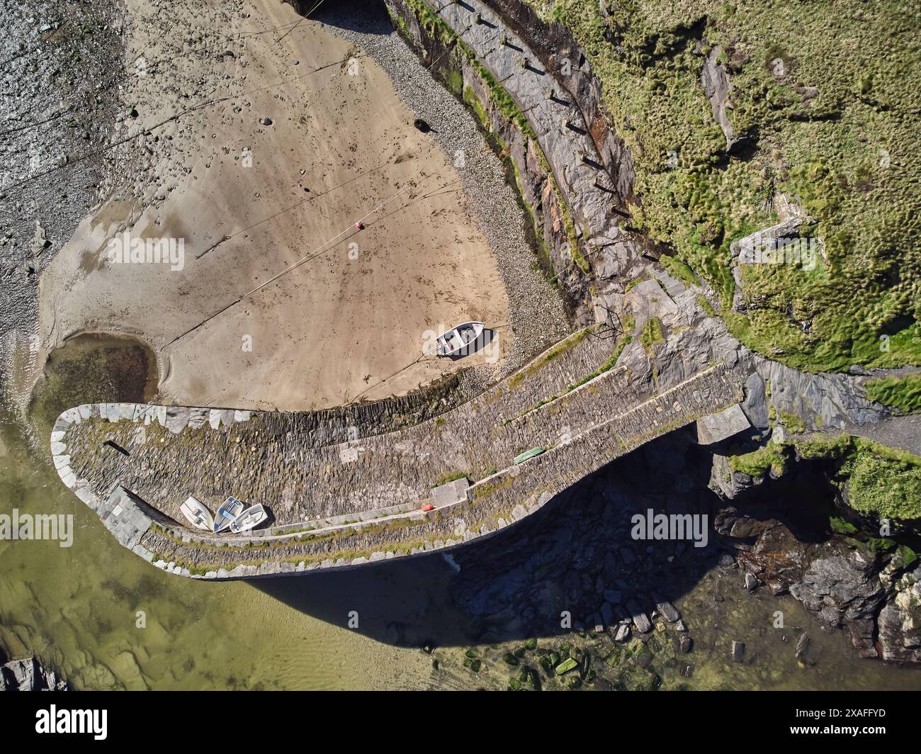 An aerial view, looking straight downwards, of the quay at Boscastle ...