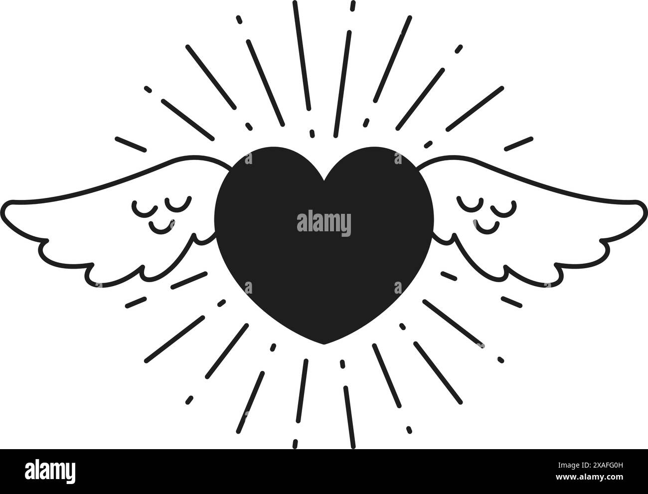 Y2k flying heart with wings romantic love symbol monochrome line retro ...
