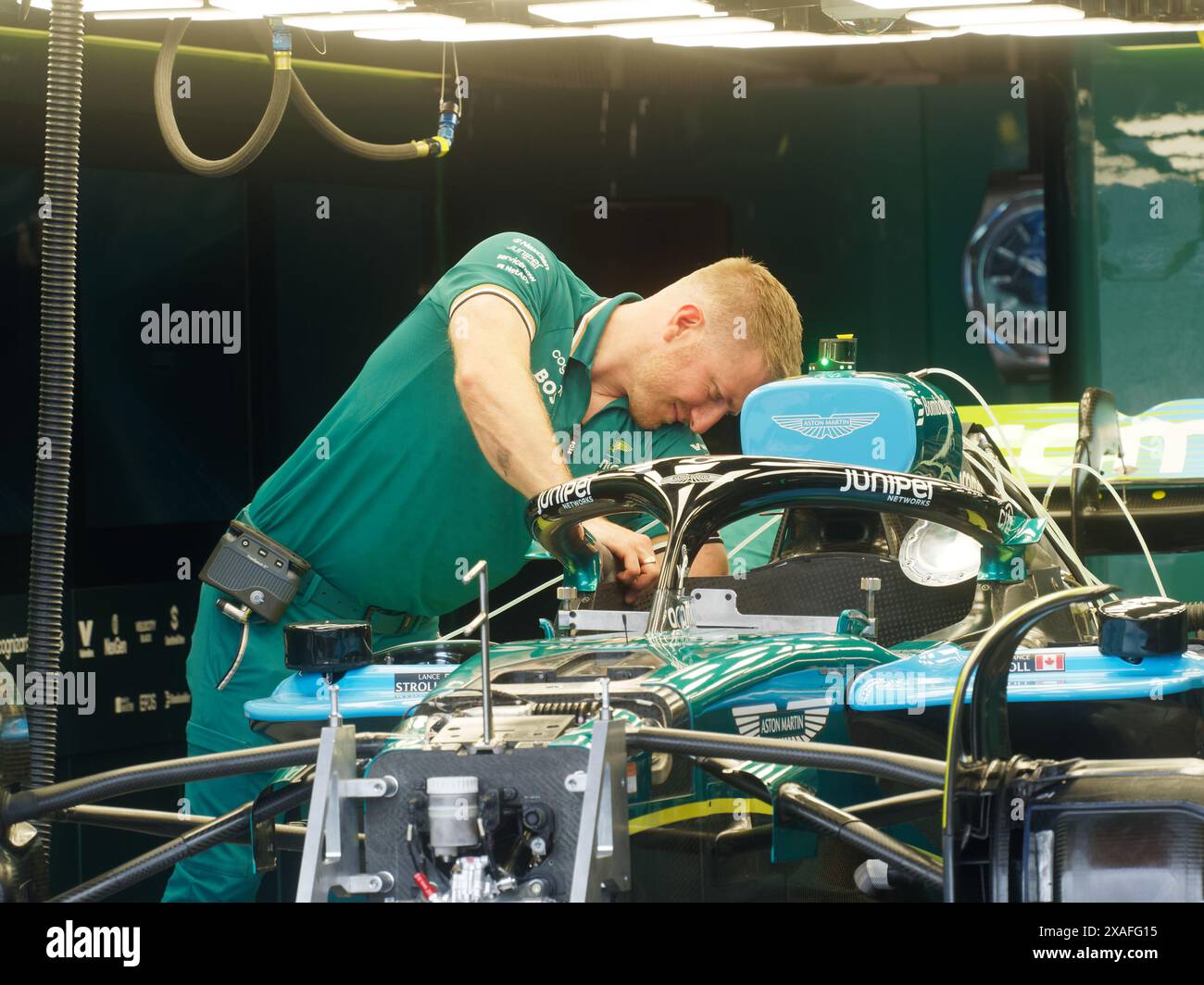 Montreal, Canada. 6 June 2024. An Aston Martin Aramco F1 mechanic works ...
