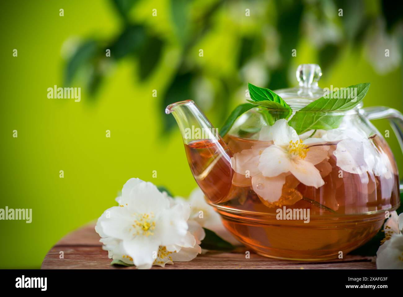 jasmine flower tea in a glass teapot Stock Photo - Alamy