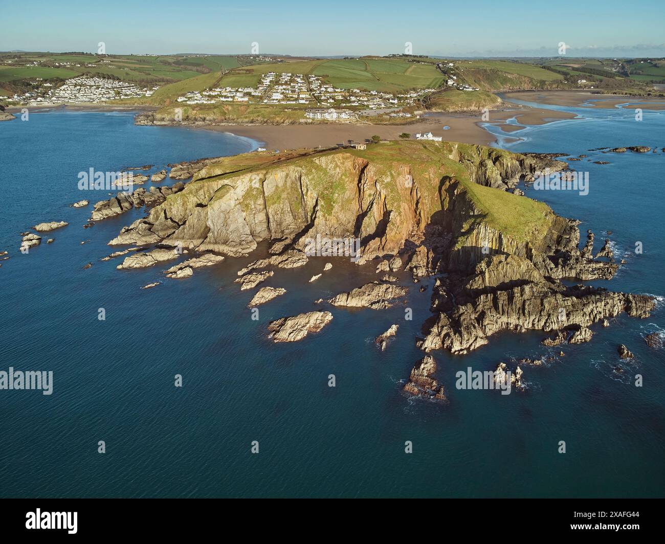 An aerial view of cliffs of Burgh Island, Bigbury, looking over Bigbury ...