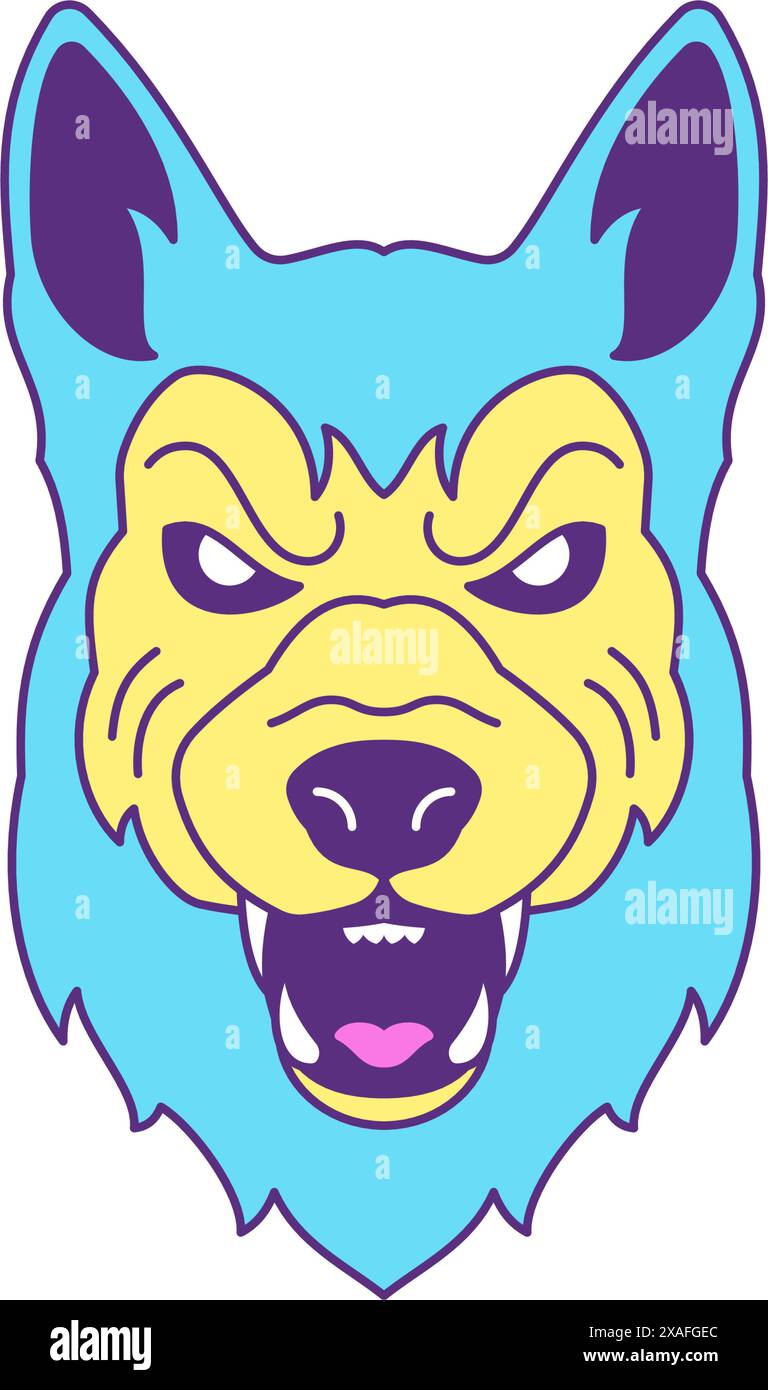 Y2k psychedelic angry wolf muzzle comic cartoon character groovy style ...