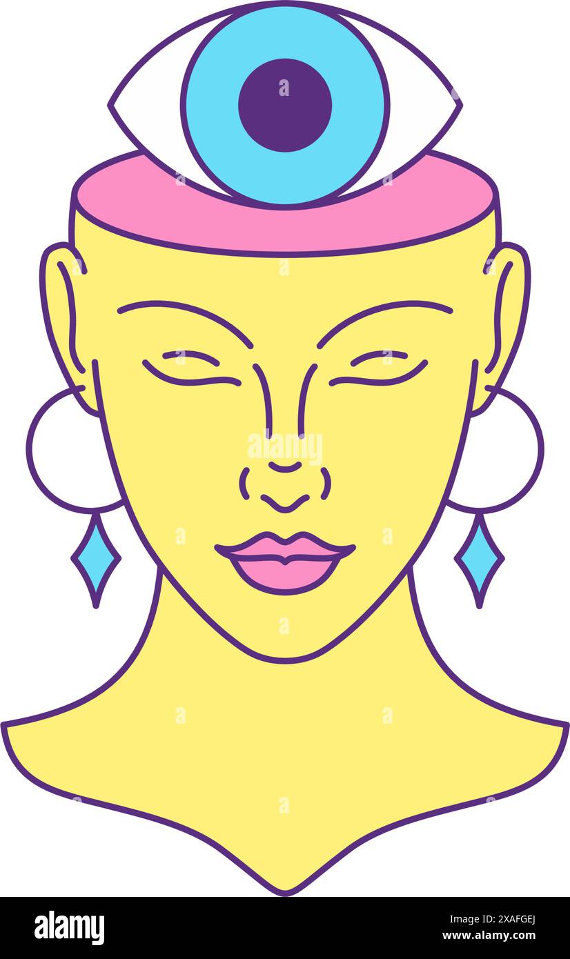 Y2k psychedelic spiritual woman with eye brain comic cartoon character ...