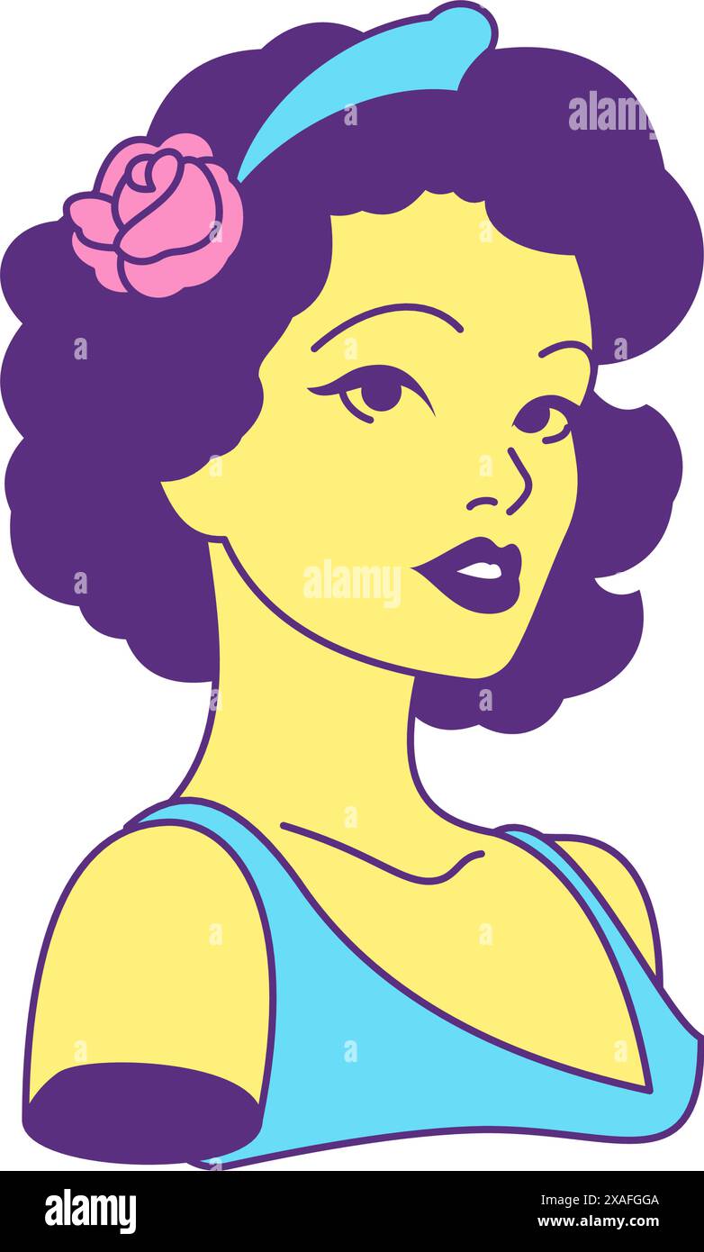 Y2k retro beauty woman bust with flower in hair cartoon character ...
