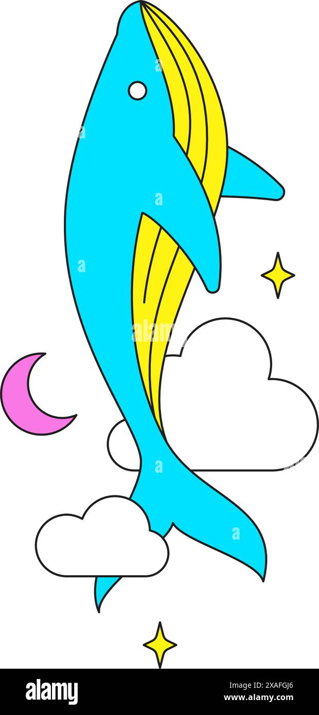 Y2k magic whale with cloud star and half moon fantasy cartoon character ...