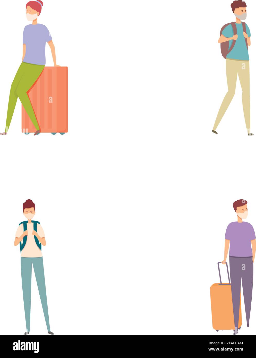 Safe travel icons set cartoon vector. Tourist in protective medical ...