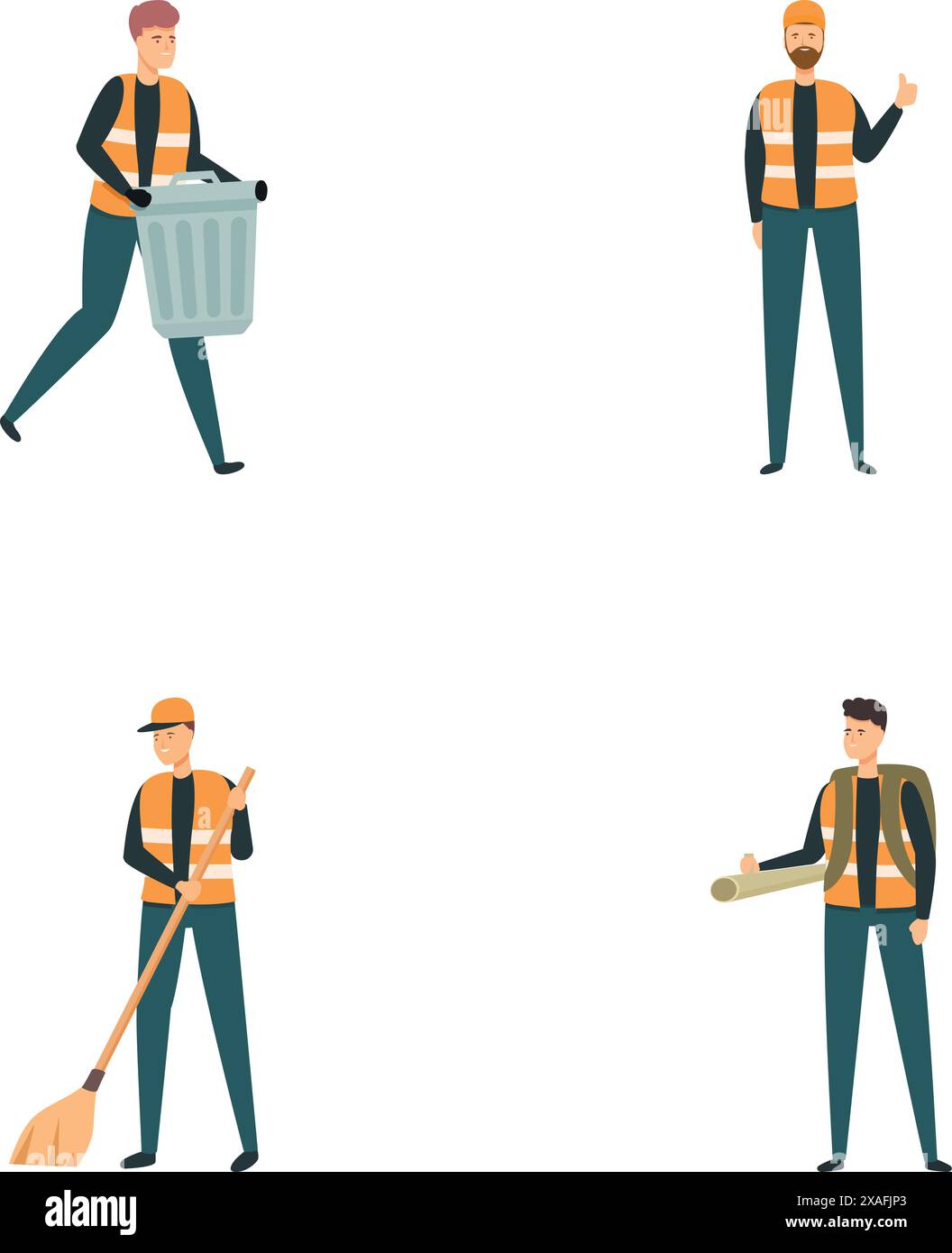 Street janitor icons set cartoon vector. Men street cleaner behind work ...