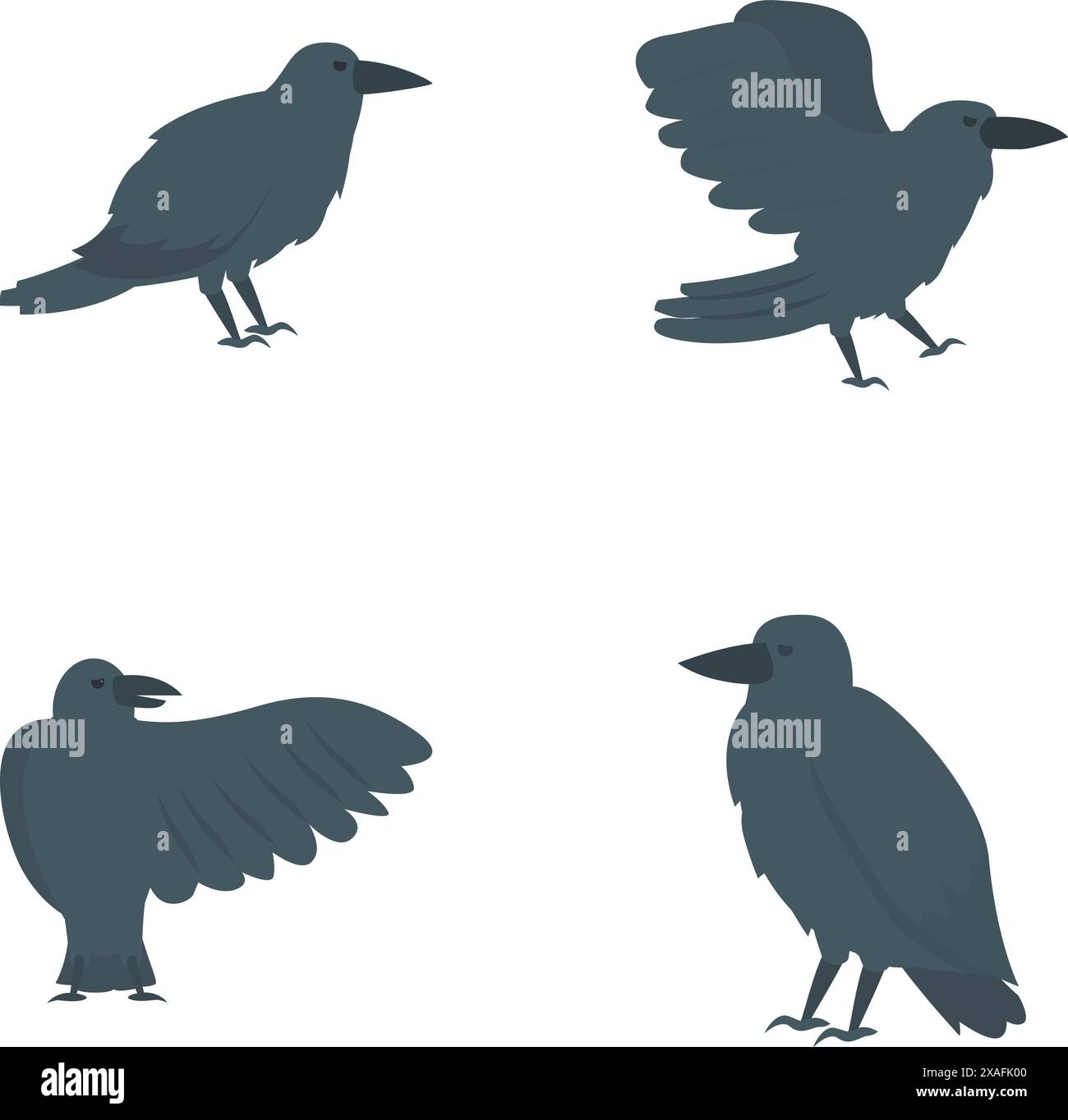 Raven icons set cartoon vector. Cute cartoon black raven. Bird, animal ...