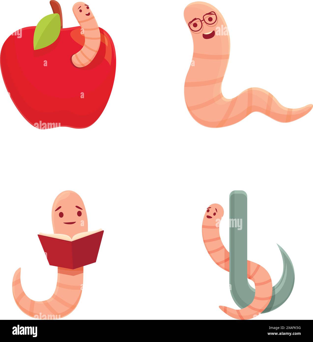 Cute worm icons set cartoon vector amusing adorable worm insect hi-res ...