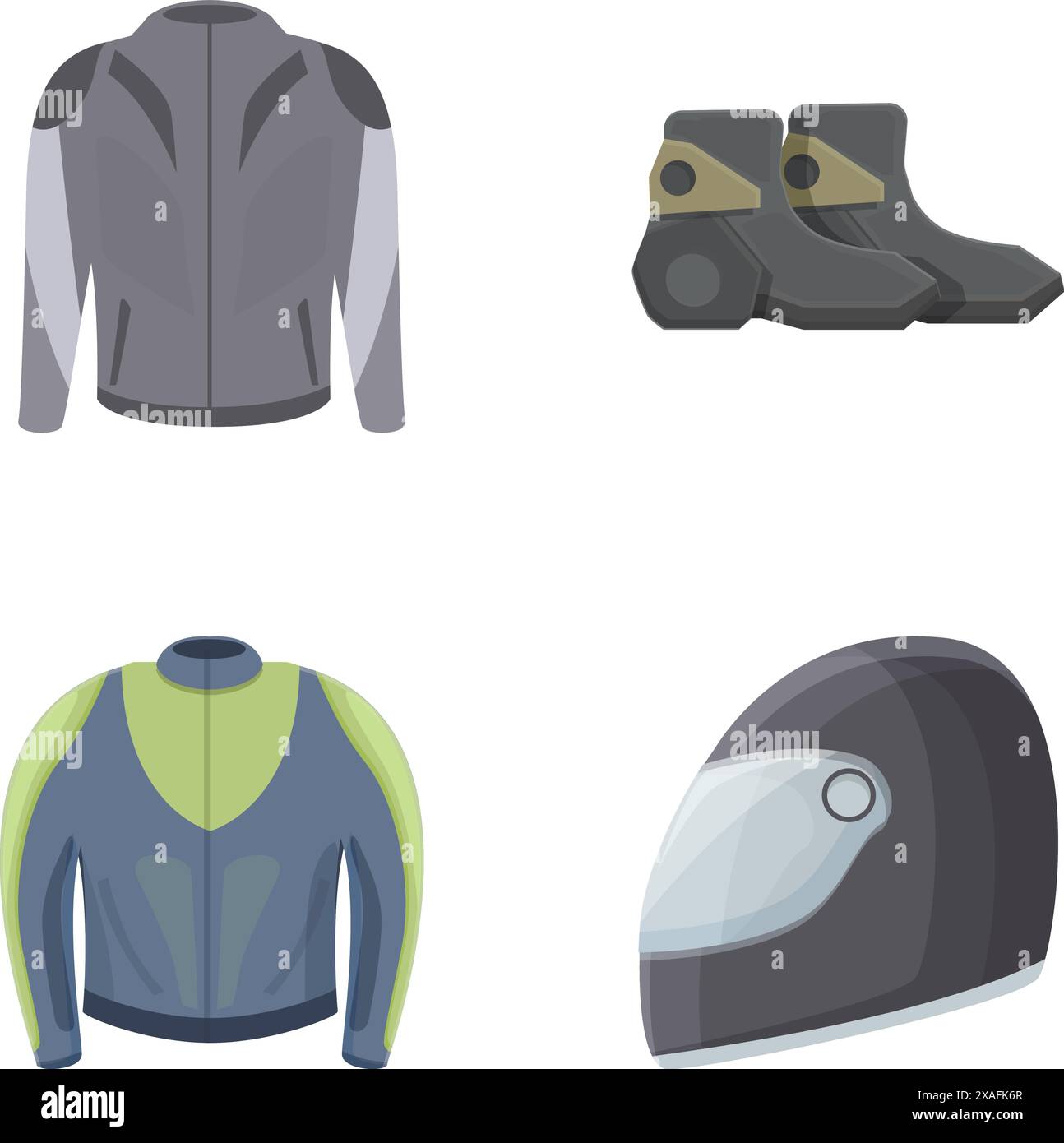 Motorcycle gear icons set cartoon vector. Moto riding suit and ...